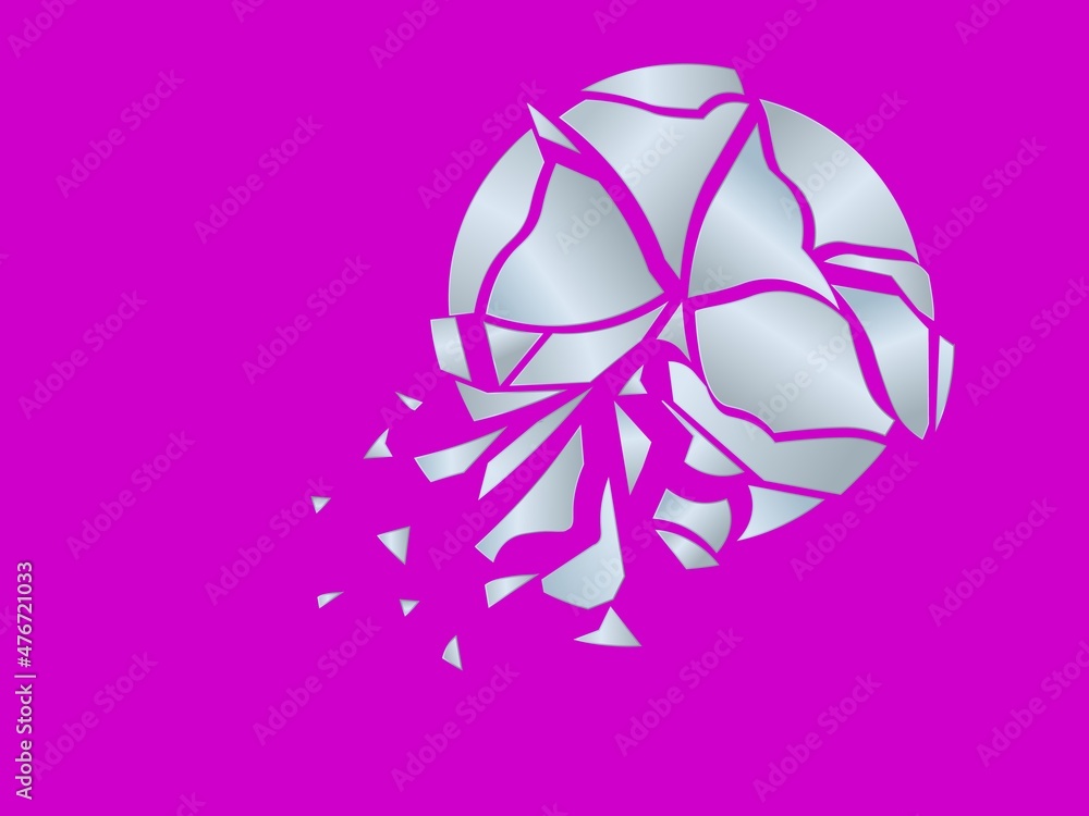 Broken glass on pink surface. Round mirror crushed to smithereens by ...