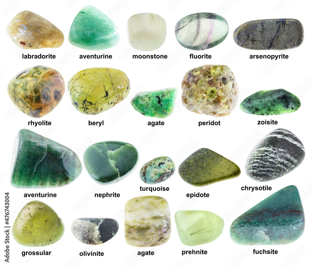 set of various polished green minerals with names Stock Photo | Adobe Stock