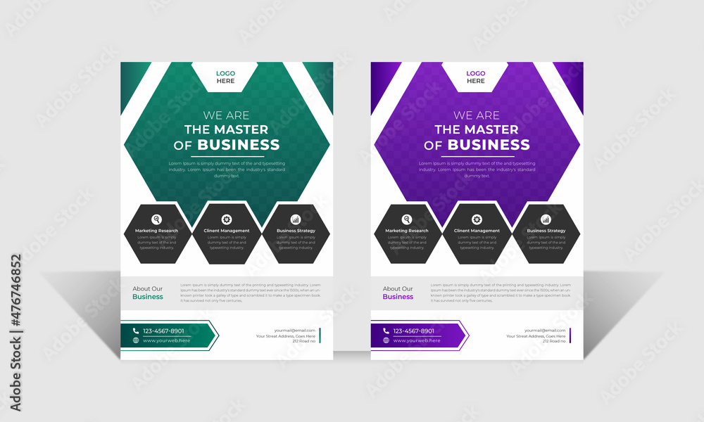 Flyer Design Set with white, green and purple color Modern Flyer Design ...