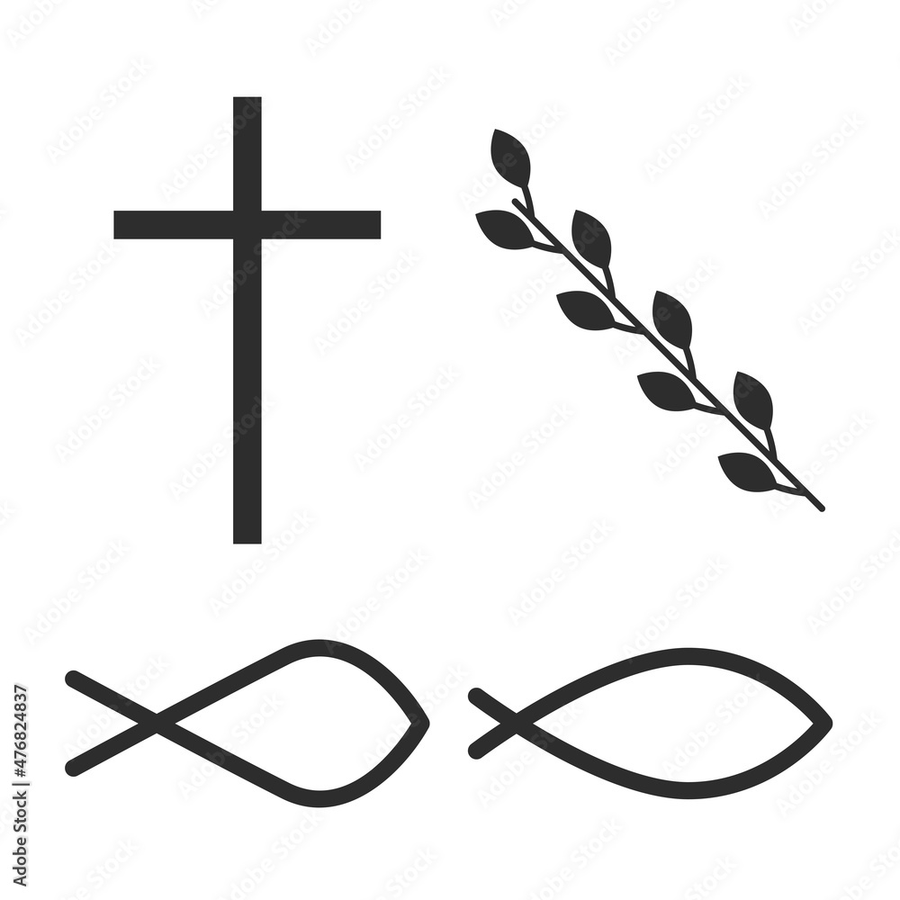 Cross, vine and fish. Symbols of Jesus Christ. Flat isolated Christian ...