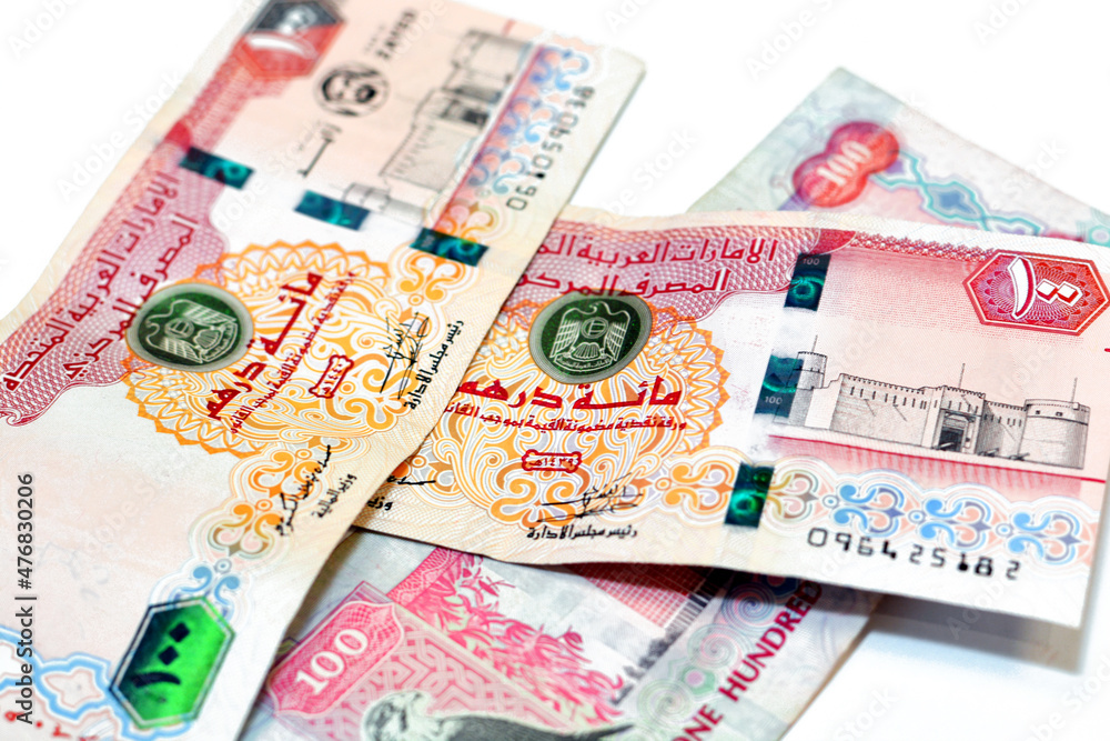 Selective focus of 100 AED one hundred Dirhams banknote currency of ...