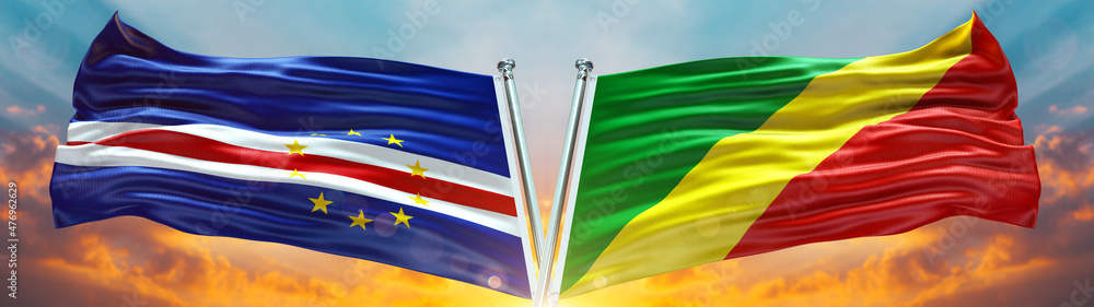 Cape Verde flag and Republic of the Congo Flag waving with texture sky ...