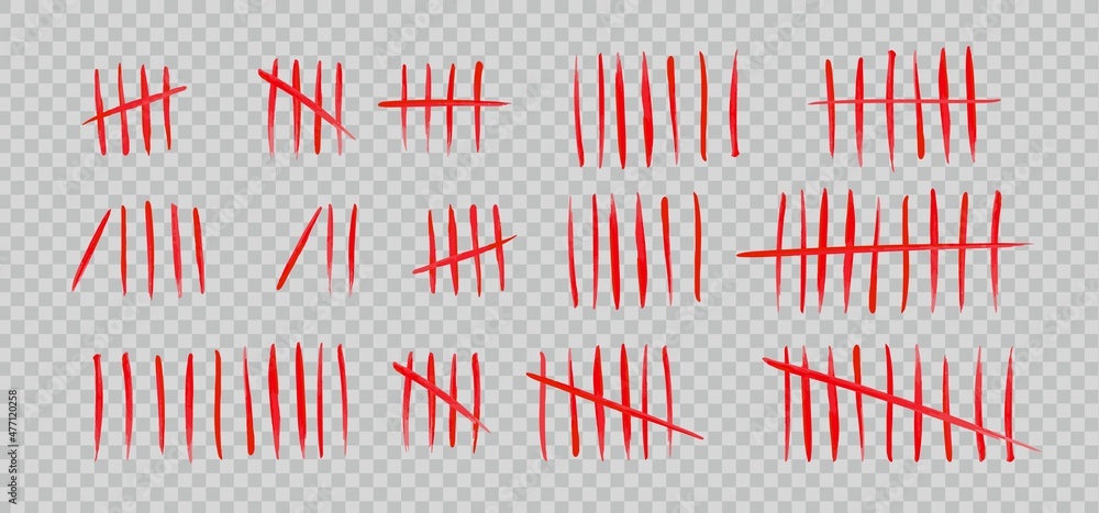 Tally marks set on a transparent background. Collection of blood red ...