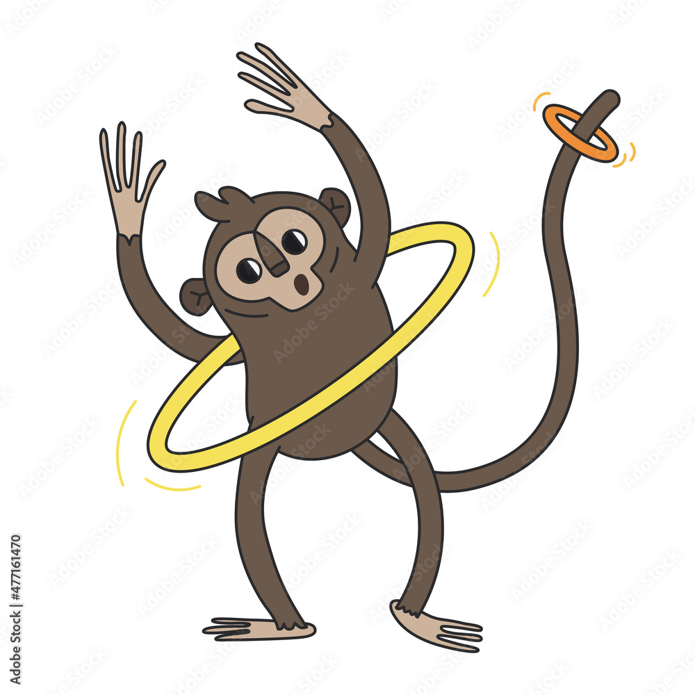 Cute cartoon monkey standing with raised arms and spinning hula hoop ...