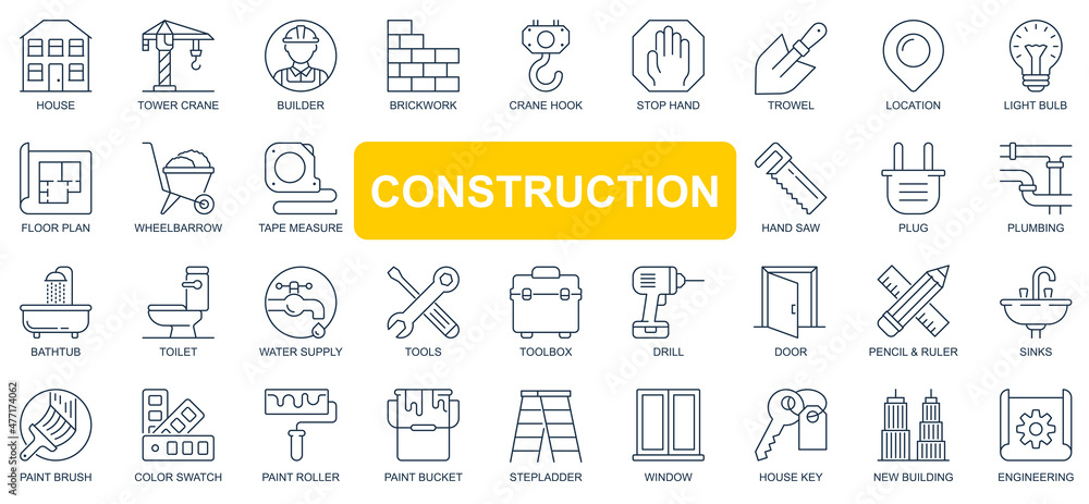 Construction concept simple line icons set. Pack outline pictograms of ...