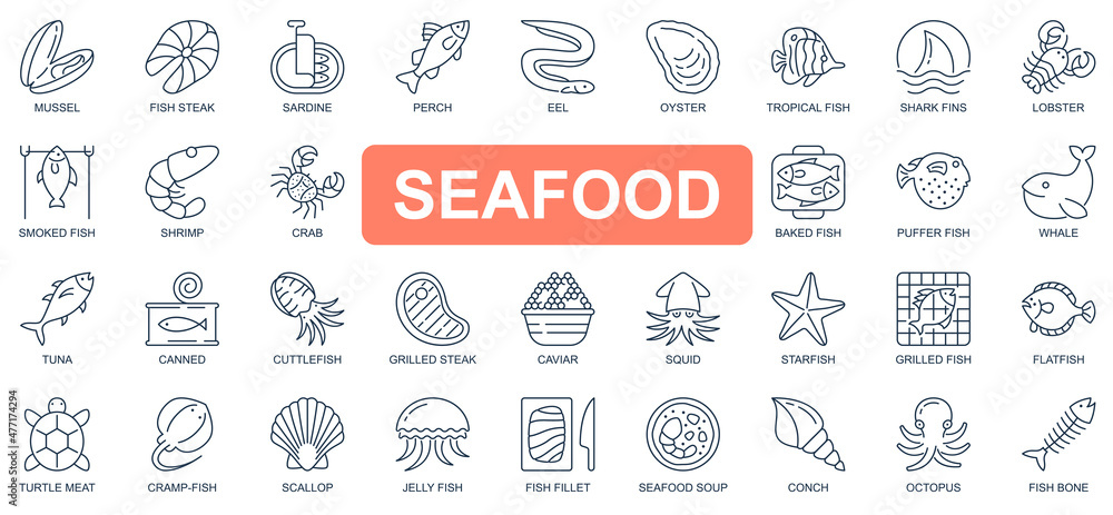 Seafood concept simple line icons set. Pack outline pictograms of ...