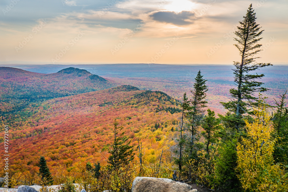 View on the mountains and the fall foliage of Mont Megantic National ...