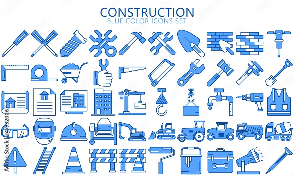 Simple Set of Construction Related Vector blue color Icons set. include ...