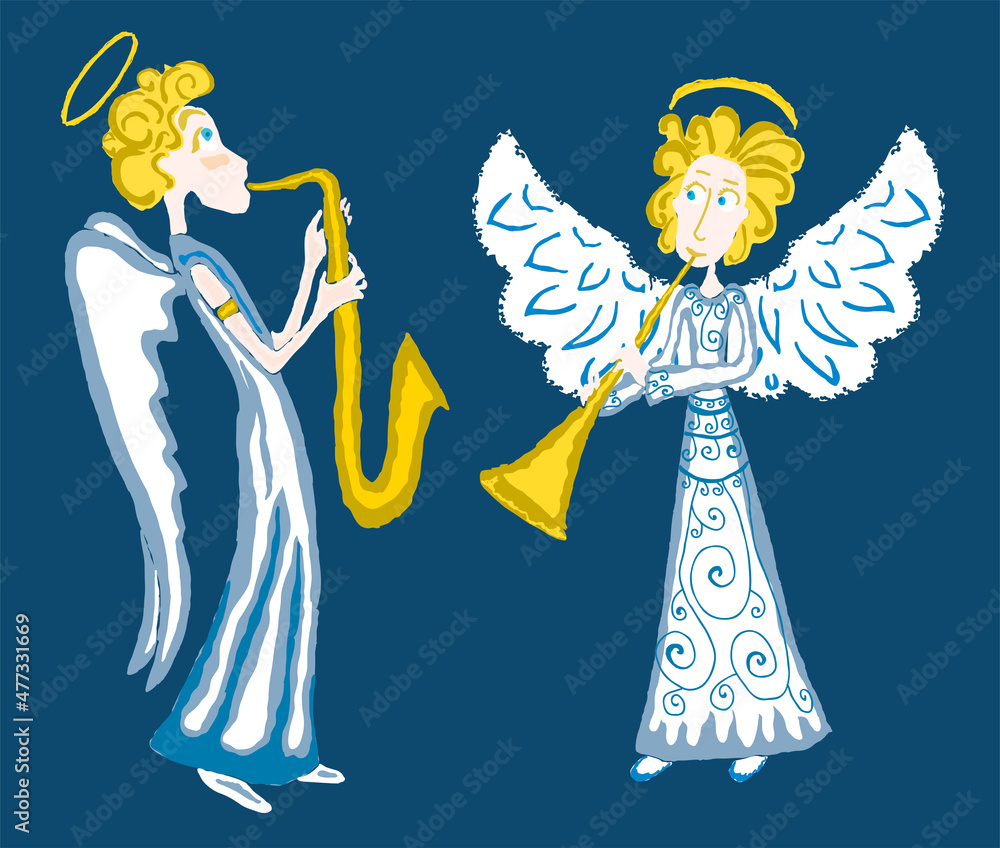 Vector drawing of couple cute cartoon angels playing trumpet and ...