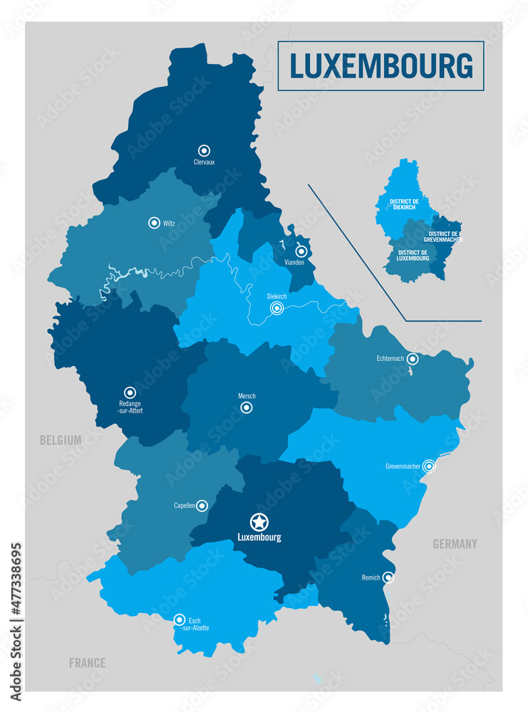 Luxembourg country political map. Detailed vector illustration with ...