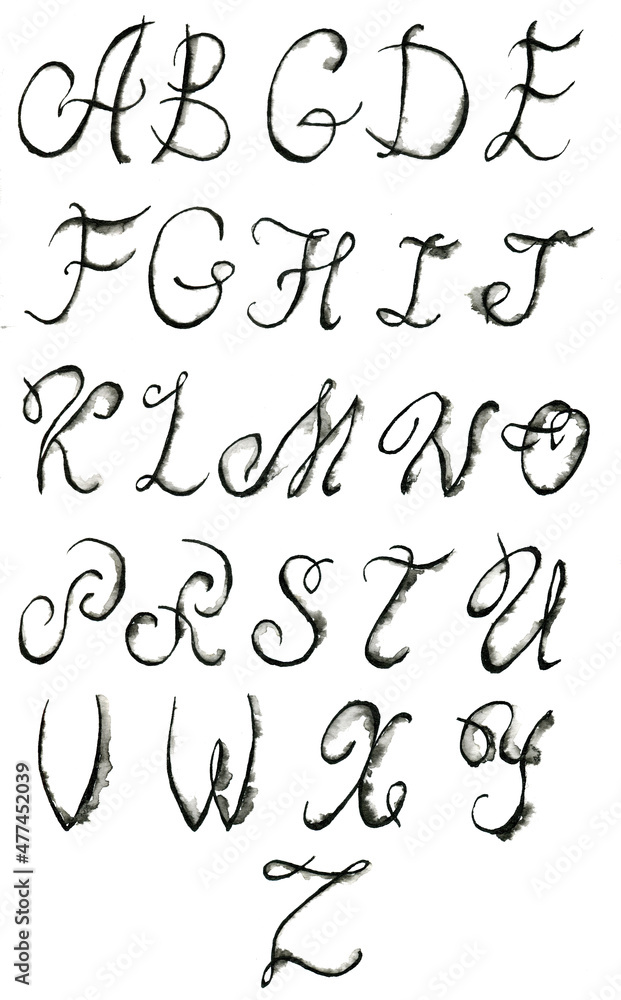 Artistic alphabet letters, hand drawn with ink isolated on white. Black ...