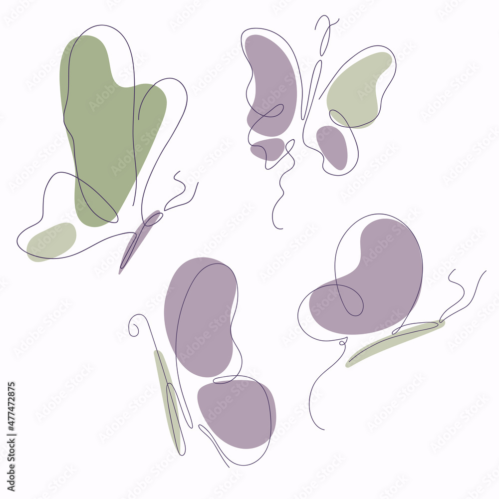 Set of butterfly logos in a minimalist one line drawing style. Vector ...