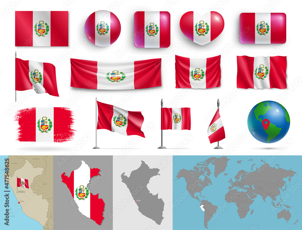 Peru flags of various shapes and country map set. Realistic Peruvian ...