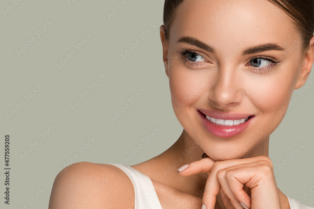 Beautiful skin face woman natural make up healthy skin touching her ...