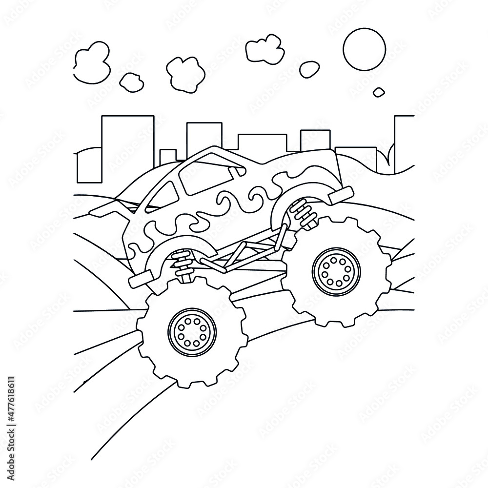Monster truck vector illustration kids activity coloring pages Stock ...