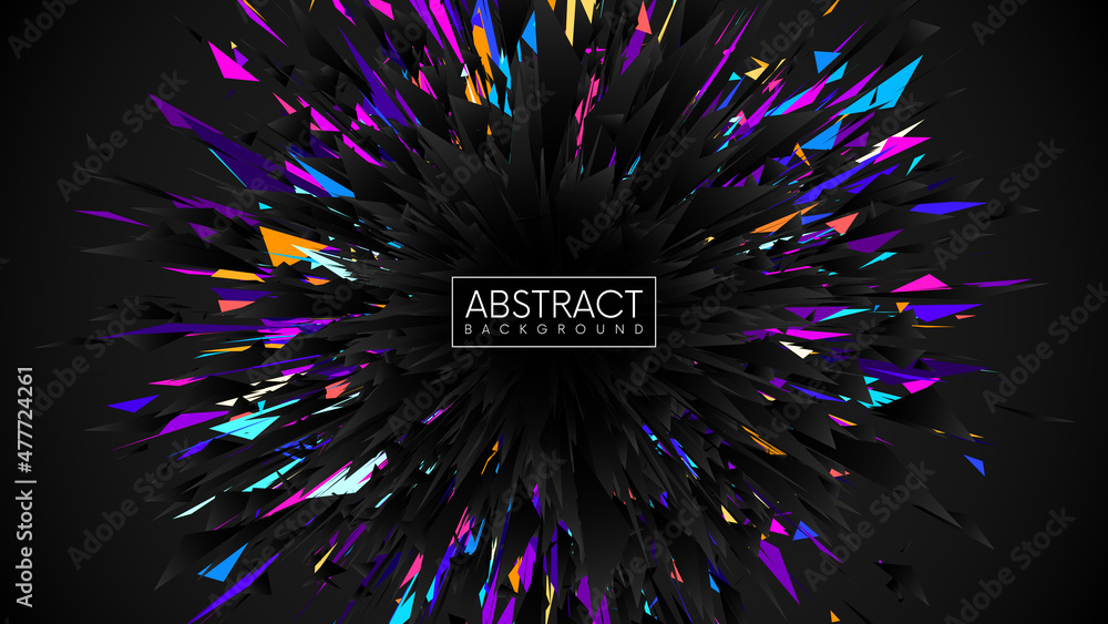 Abstract futuristic black explosion with colorful sharp triangles. Mystical background with ...