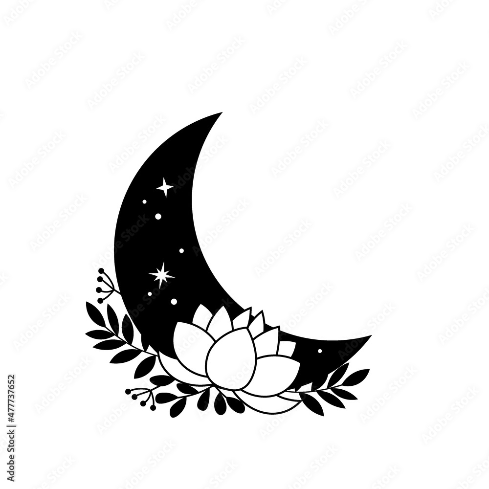 Image vectorielle Stock Black and white boho moon and lill flower ...