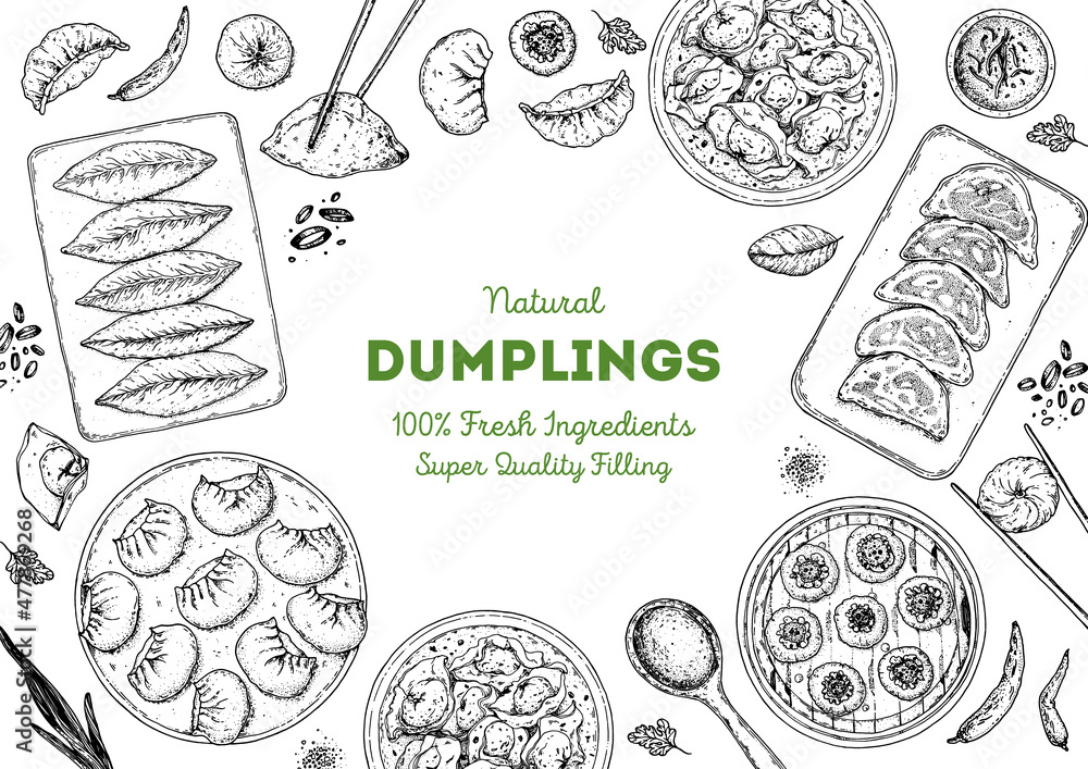Dumplings top view frame. Food menu design template. Hand drawn vector ...