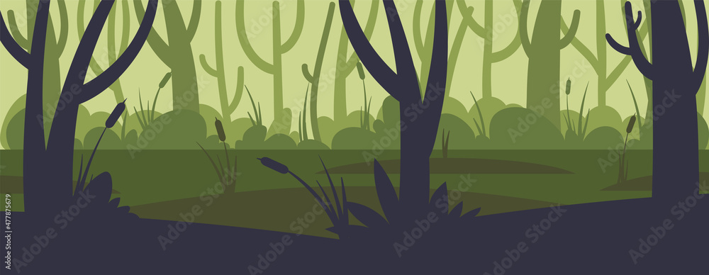 Cartoon green forest background with pond or swamp. Rainforest ...