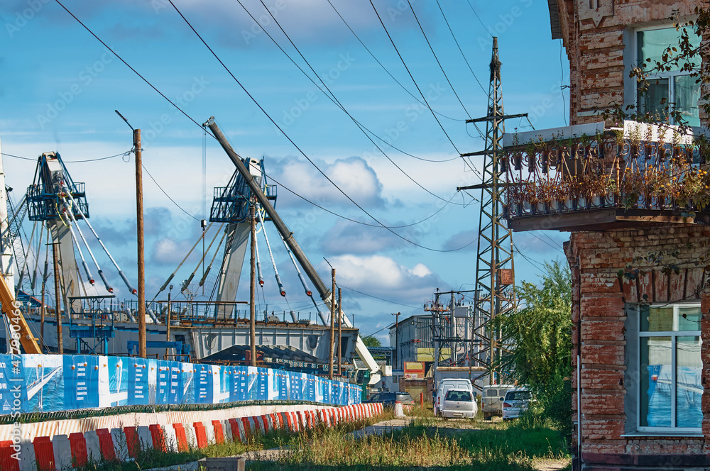 Construction site of a cable-stayed bridge over the Zeya river in the ...