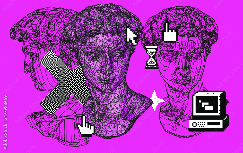 Retrofuturistic 3D illustration of a low poly bust sculpture. Vaporwave ...