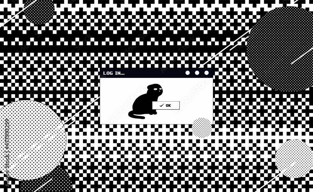 Computer desktop windows glitch dither and message box with black cat ...