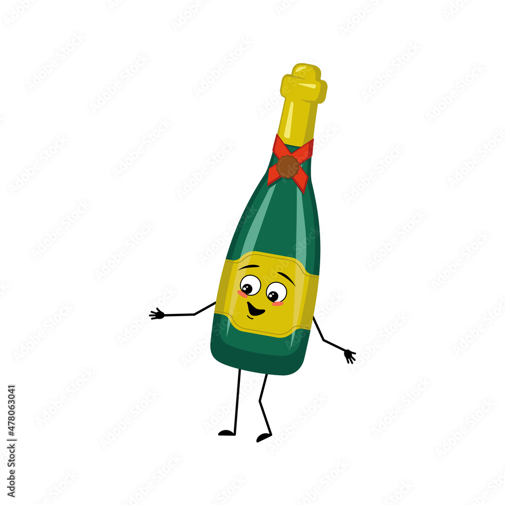 Bottle of sparkling wine character with happy emotions, face, smile ...