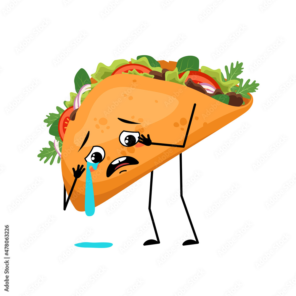 Cute character mexican taco with crying and tears emotion, sad face ...