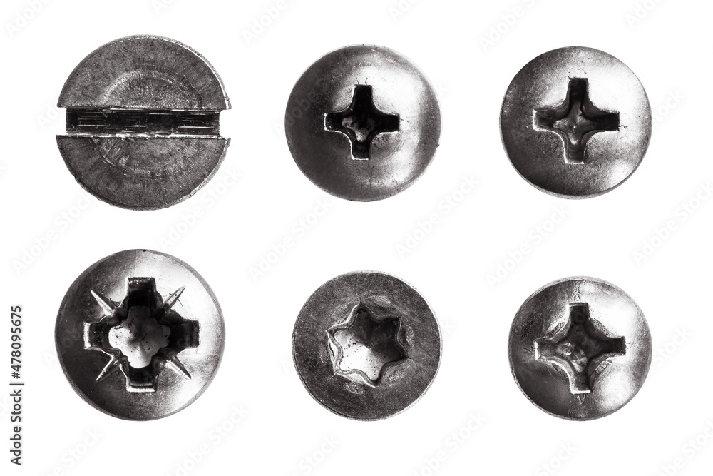 Top view heads of screws metal on a white background. rivets isolated ...