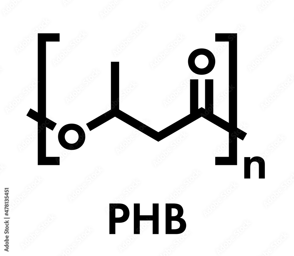 Polyhydroxybutyrate (PHB) biodegradable plastic, chemical structure ...