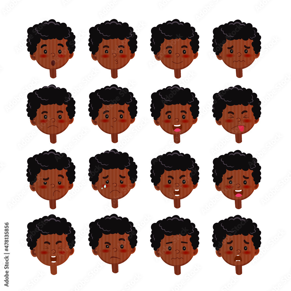 Cartoon illustration of african-american boy. Set of black kid`s ...