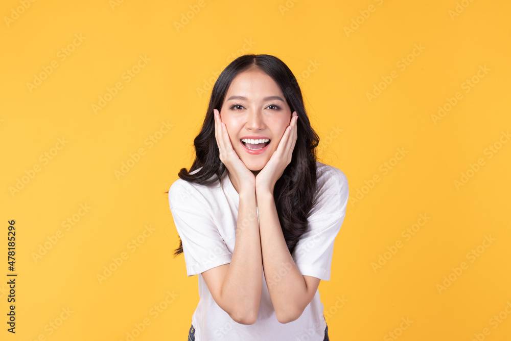 Image of feeling excited, shock, surprise and happy. Young asian woman ...
