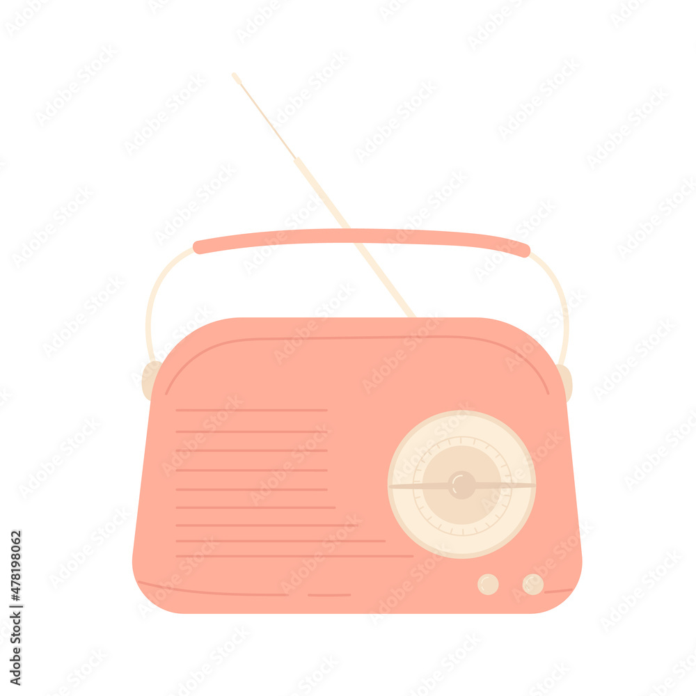 Pink vintage radio. Portable radio receiver in 1950s style. Vector ...