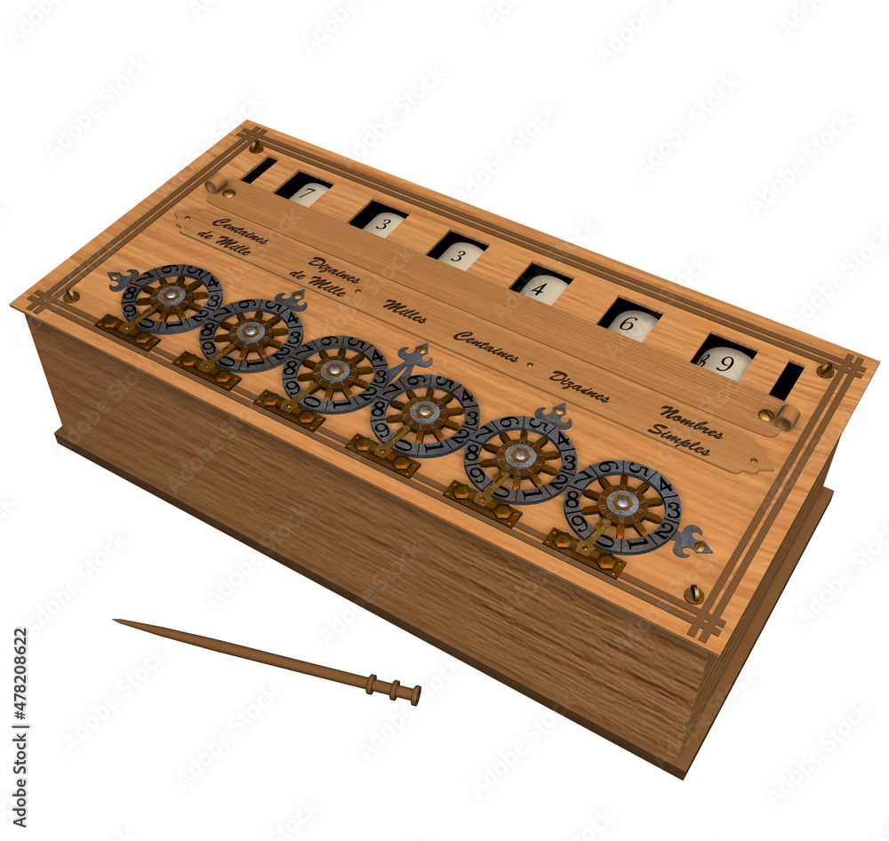 Pascaline. 3D illustration of a Mechanical Calculating Device, designed ...
