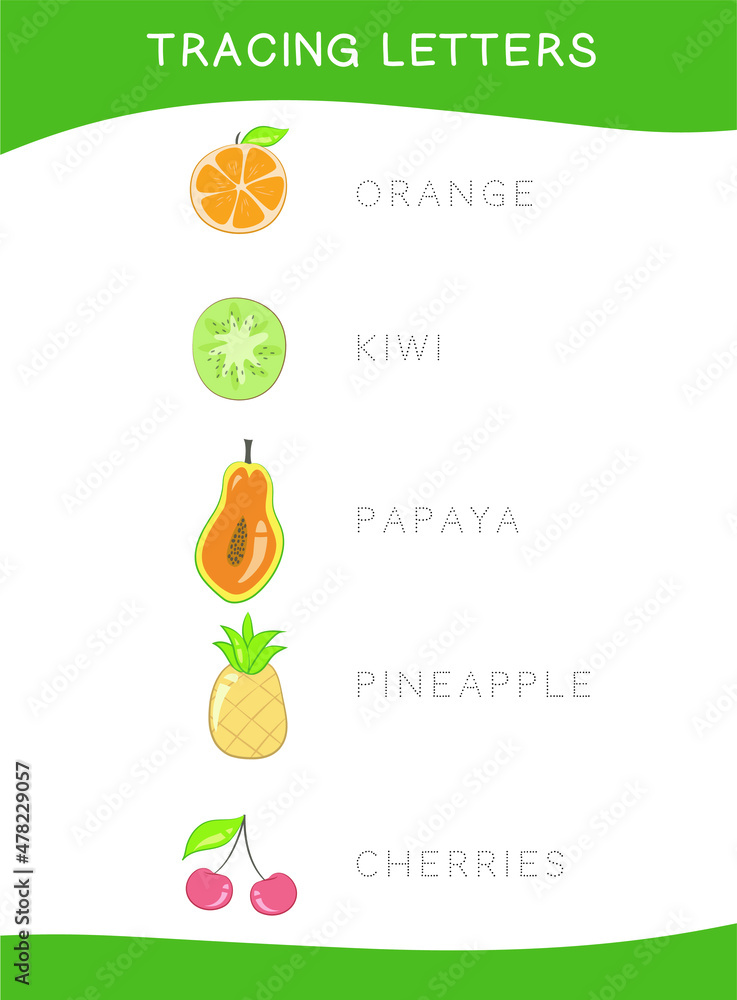 Tracing letters. Tracing names of fruits name worksheet. Writing ...