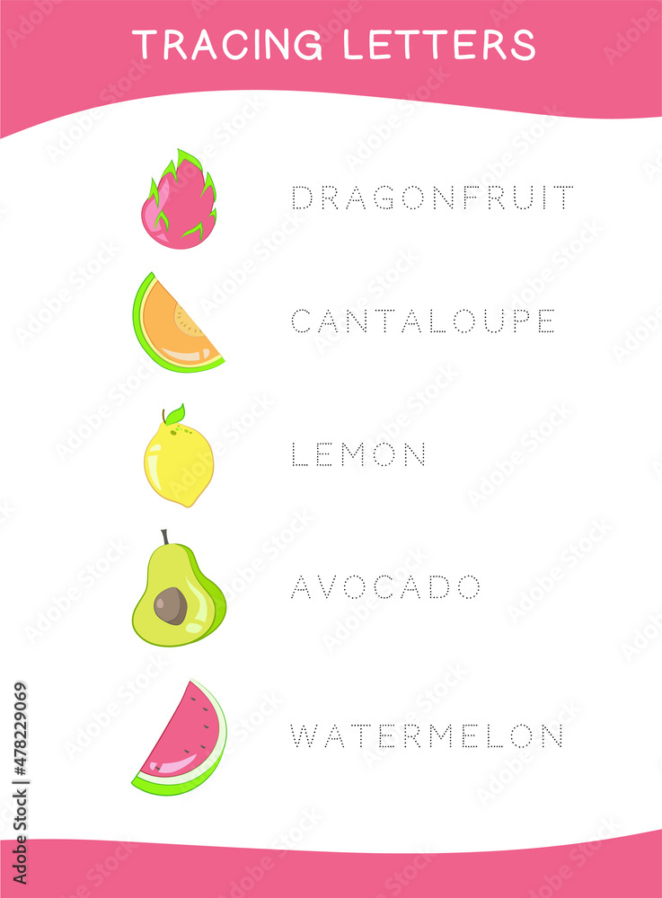 Tracing letters. Tracing names of fruits name worksheet. Writing ...
