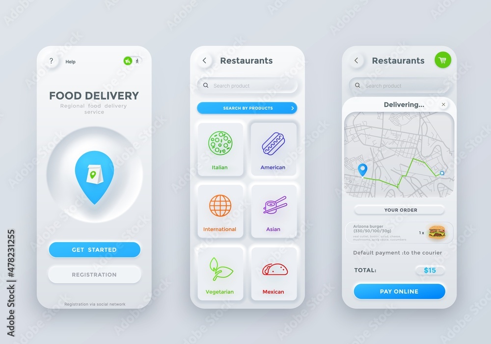 Neumorphic food order and delivery application interface. Vector ui, ux ...