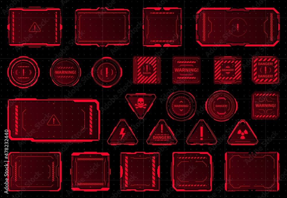 HUD danger, warning and alert attention red vector frames or signs. Sci ...