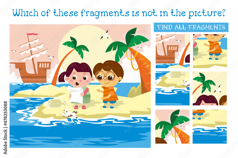 Cute kids on desert island. Find all fragments. Game for children ...