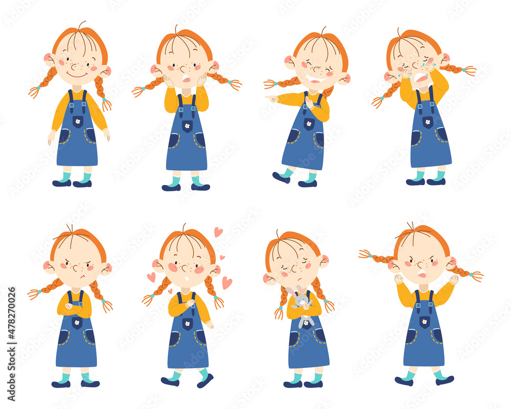 Girl in different mood cartoon vector illustration set. Young person in ...