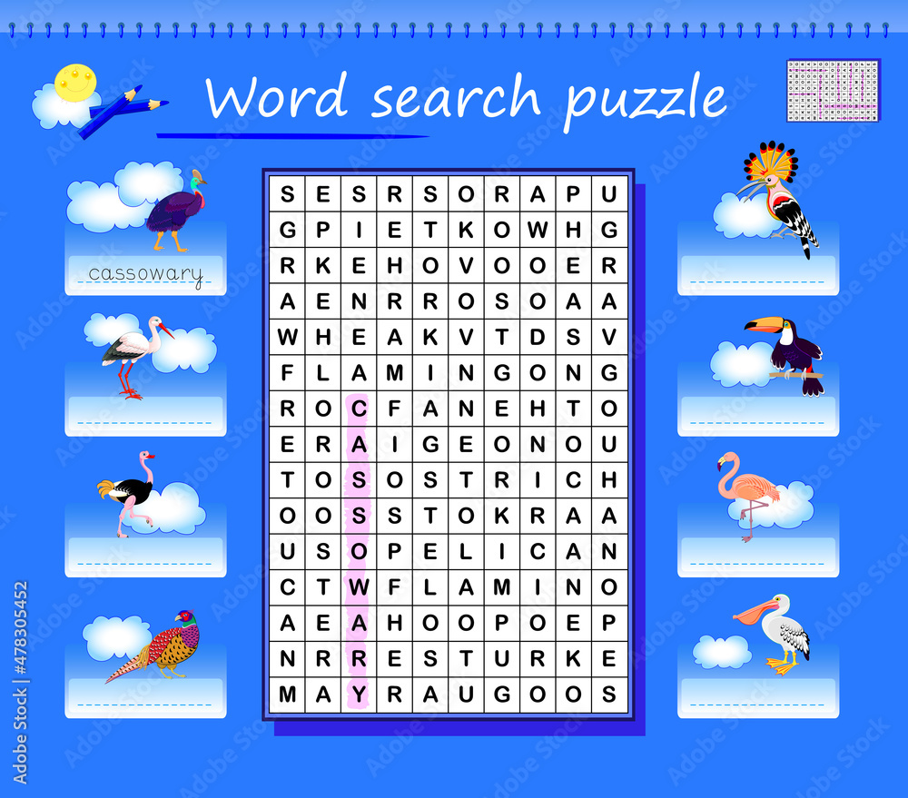 Word search puzzle. Learn and write English names of birds. Educational ...