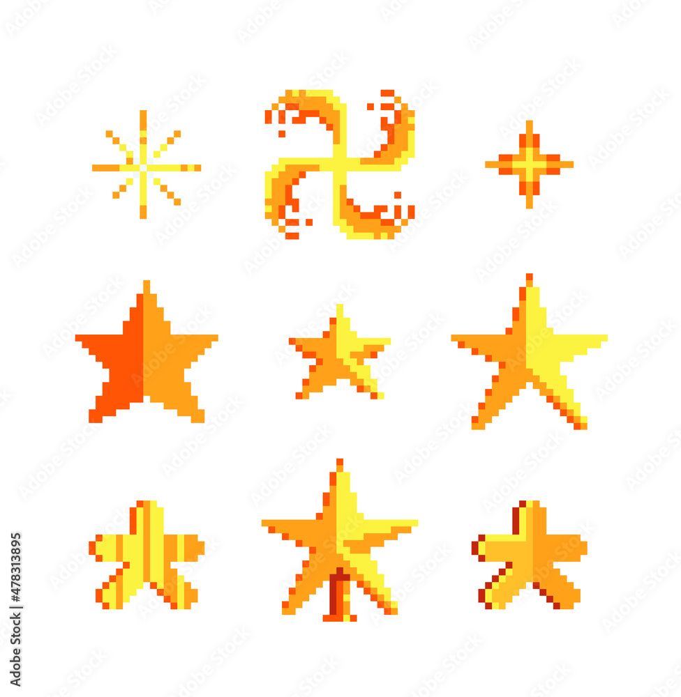 Stars of different shapes pixel art icon set symbol of decoration ...