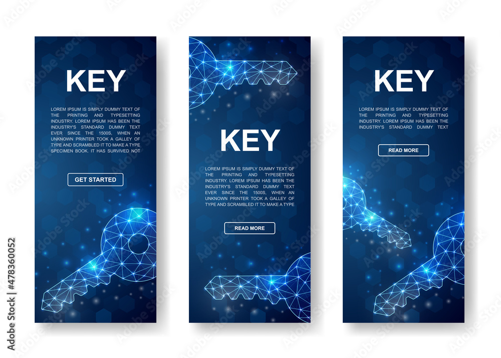 Set of Keys blue vertical banners. Key low poly symbols for vertical ...