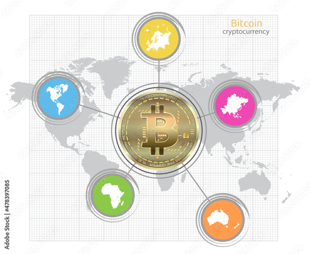 Bitcoin coin, World and continents map, infographics isolated on white ...