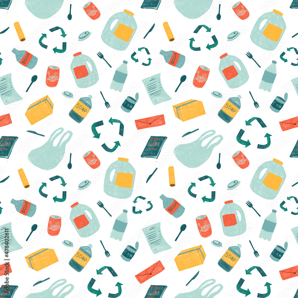 Zero waste. Seamless pattern with recyclable waste: plastic, cardboard ...