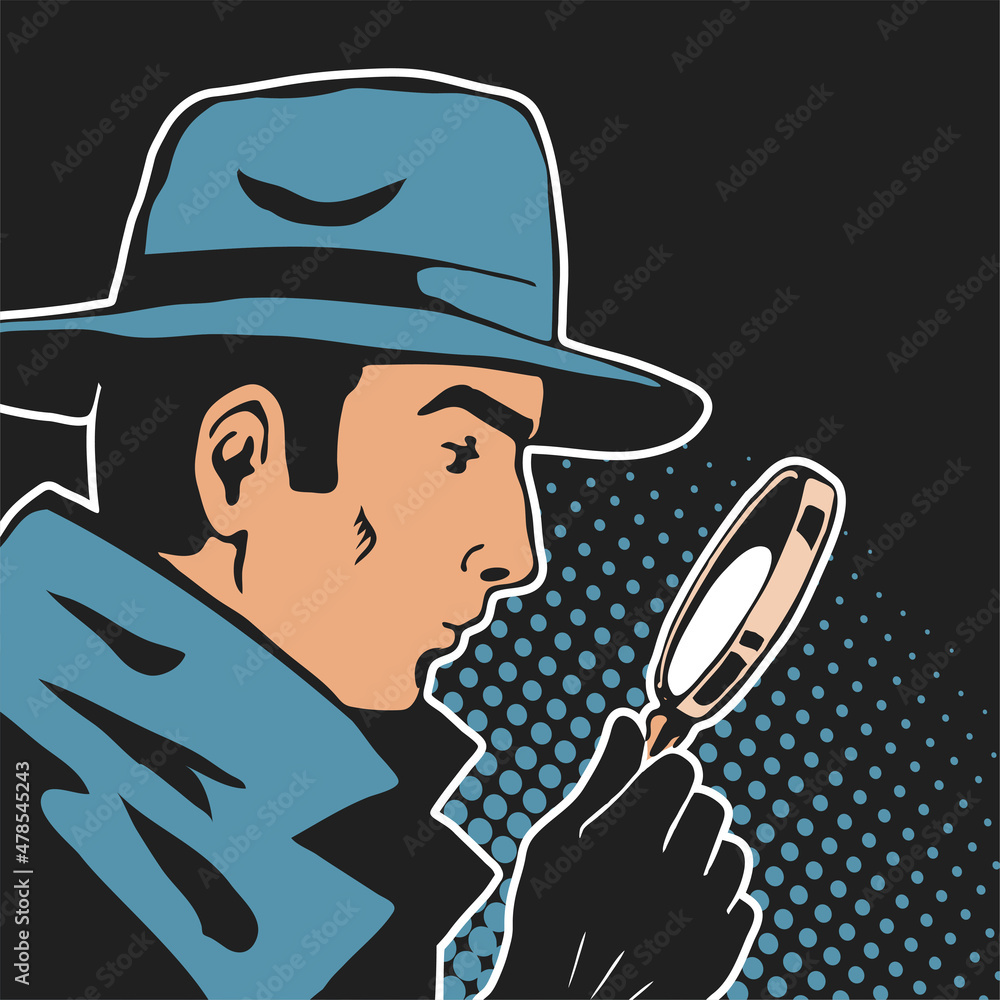 Male detective with a magnifying glass in his hand. On the head is a ...