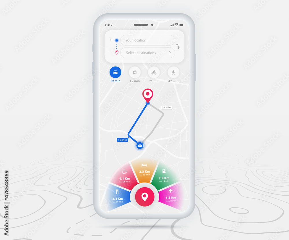 Map GPS navigation app ux ui concept, Mobile map application, Smartphone App search map ...