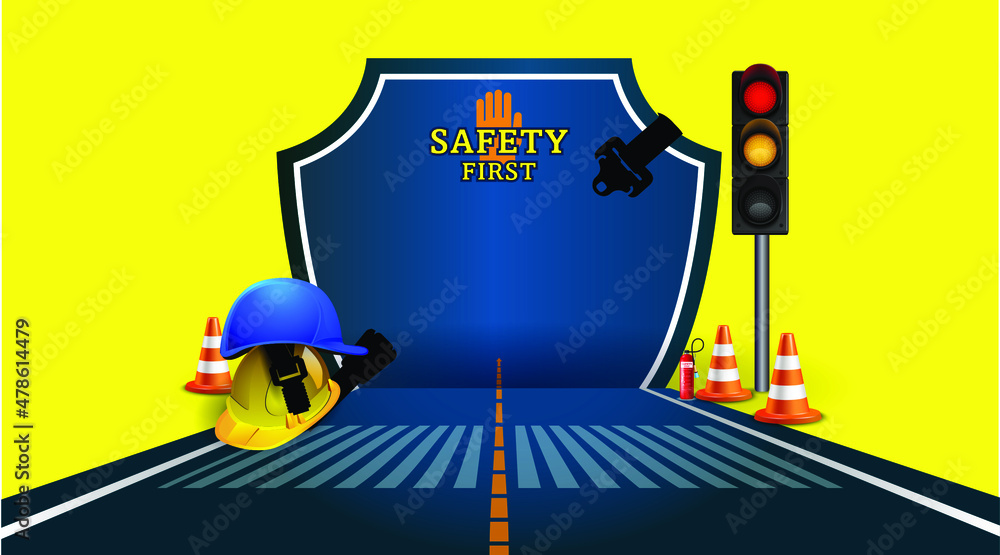 Road Safety Week day. Safety first road with traffic light, helmets ...