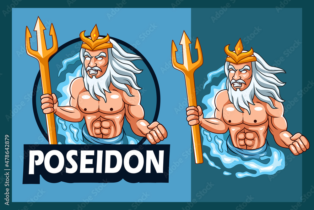 Cartoon angry poseidon holding a golden trident Stock Vector | Adobe Stock