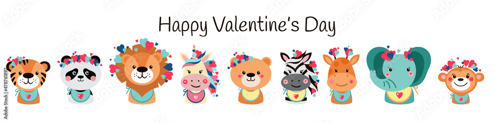 Cute animals with hearts. Happy Valentine's Day. Illustrations for ...